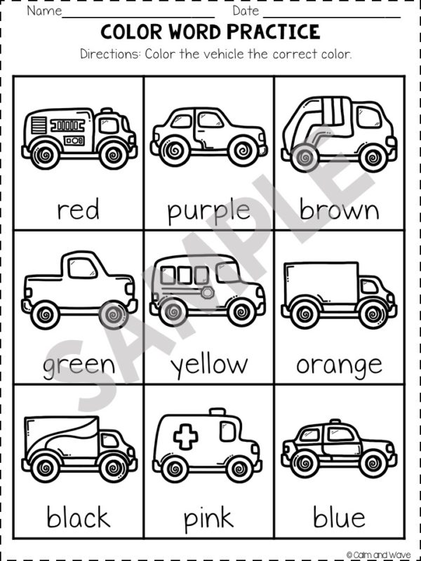 Kindergarten No-Prep Packet | Car/Vehicle Themed | English Language ...