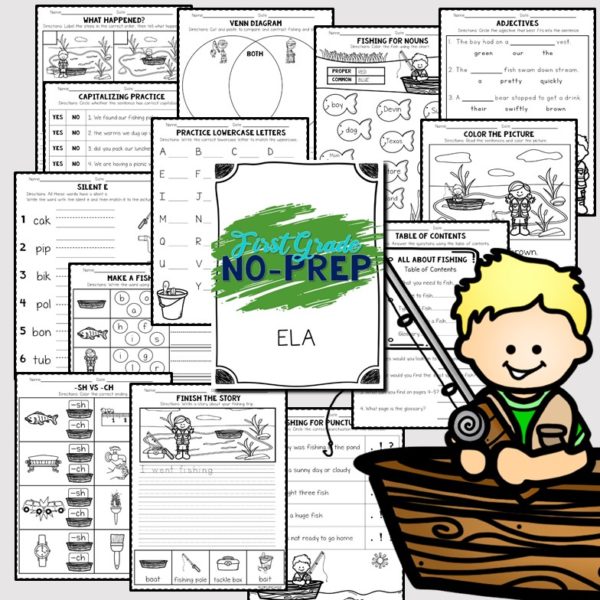First Grade No-Prep Fishing Themed ELA and Math Printable Worksheets ...