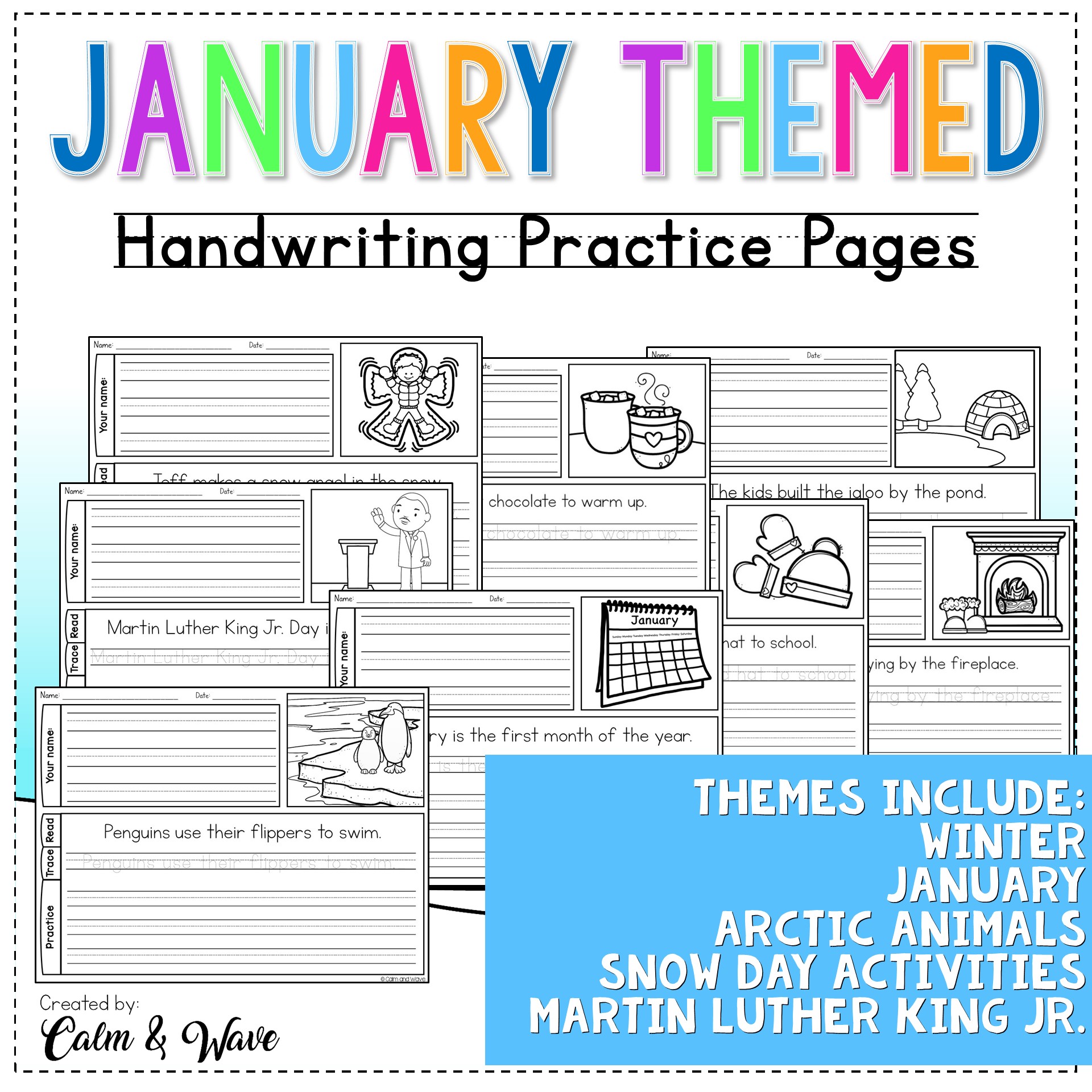FREE January Themed Handwriting Worksheets - Calm & Wave