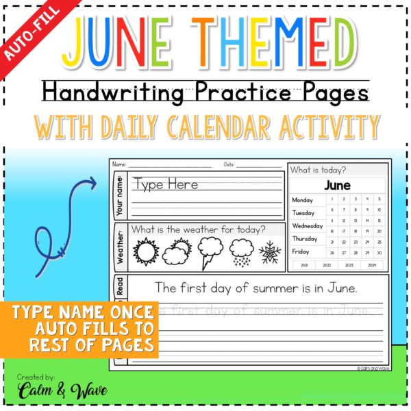 June Themed Handwriting Worksheets with Daily Calendar Work | Copywork ...