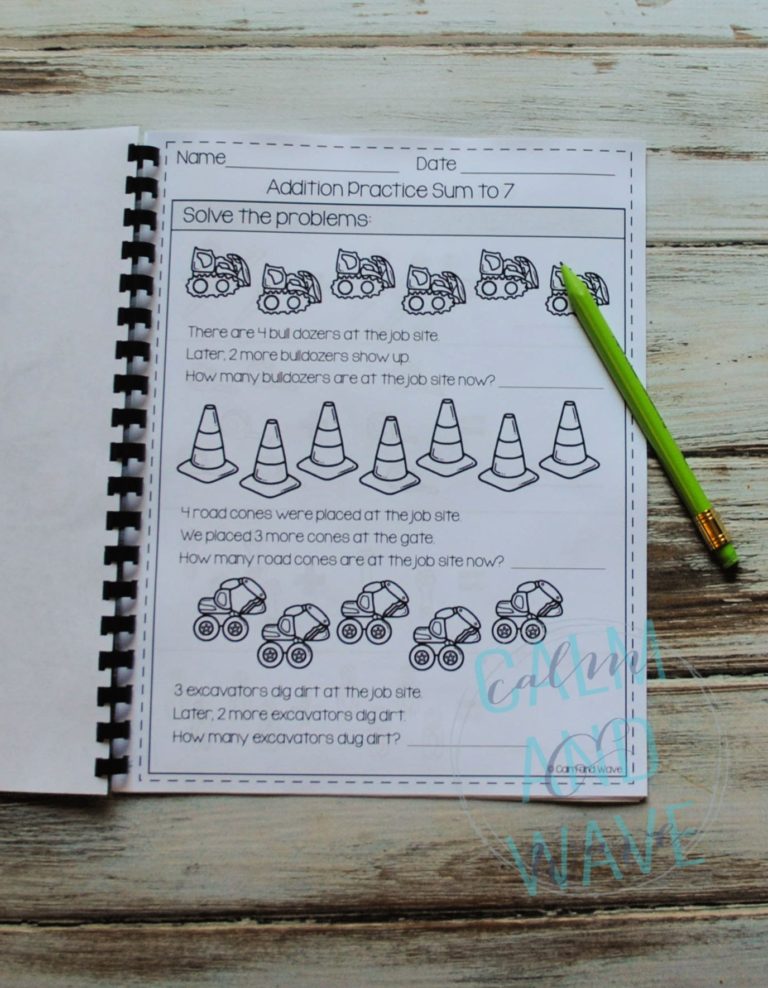 Single Digit Construction Themed Addition Practice Worksheets - Calm & Wave