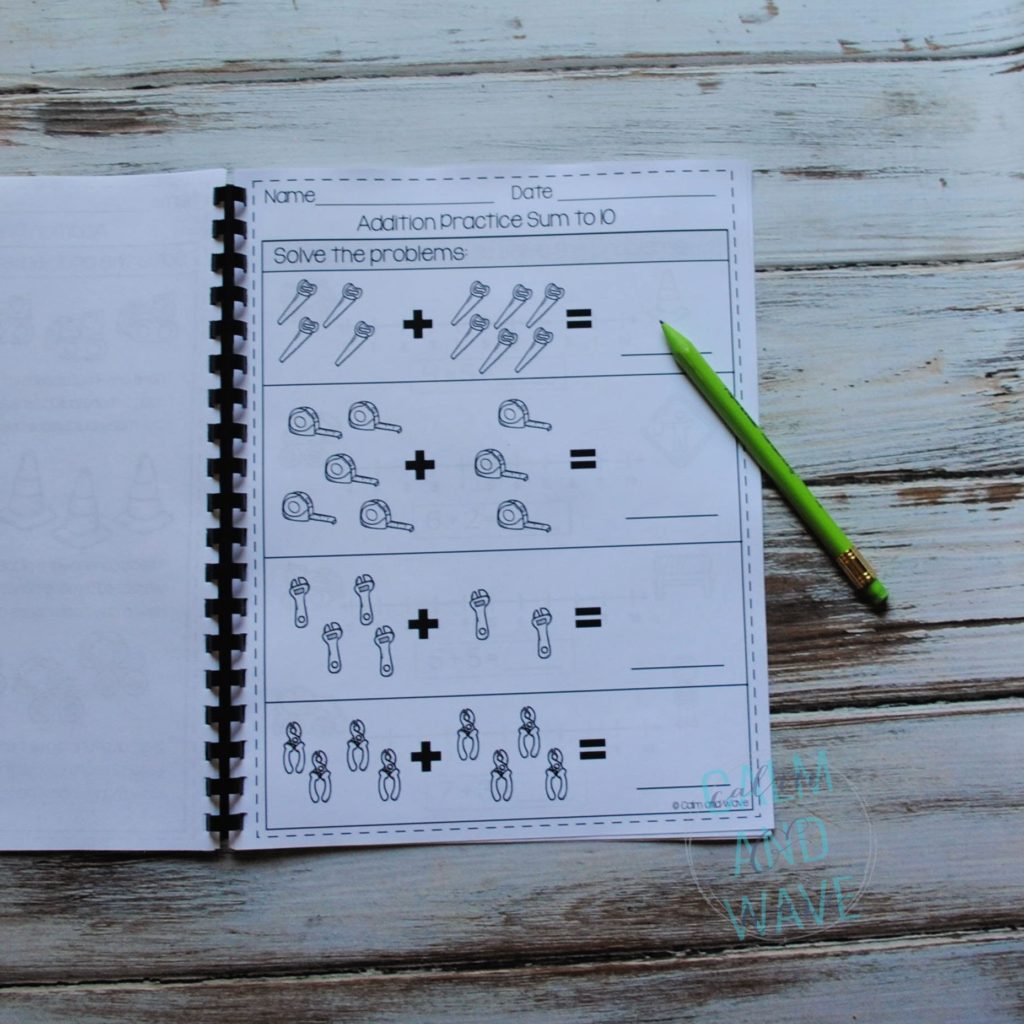 Single Digit Construction Themed Addition Practice Worksheets - Calm & Wave