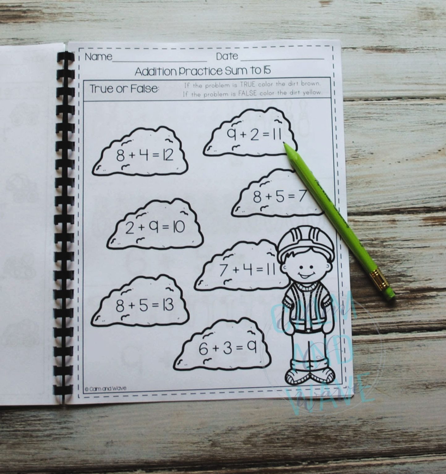 Single Digit Construction Themed Addition Practice Worksheets - Calm & Wave