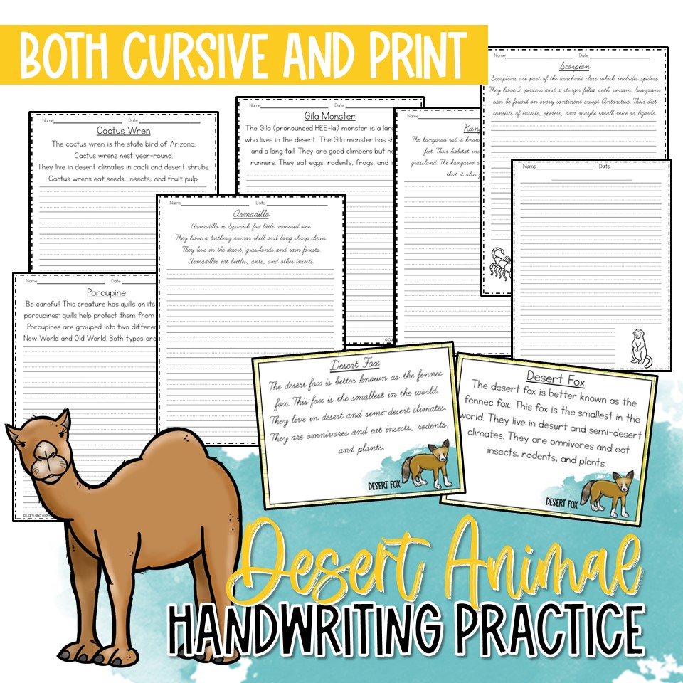 Desert Animals Copywork Print and Cursive Passages | Free Printables