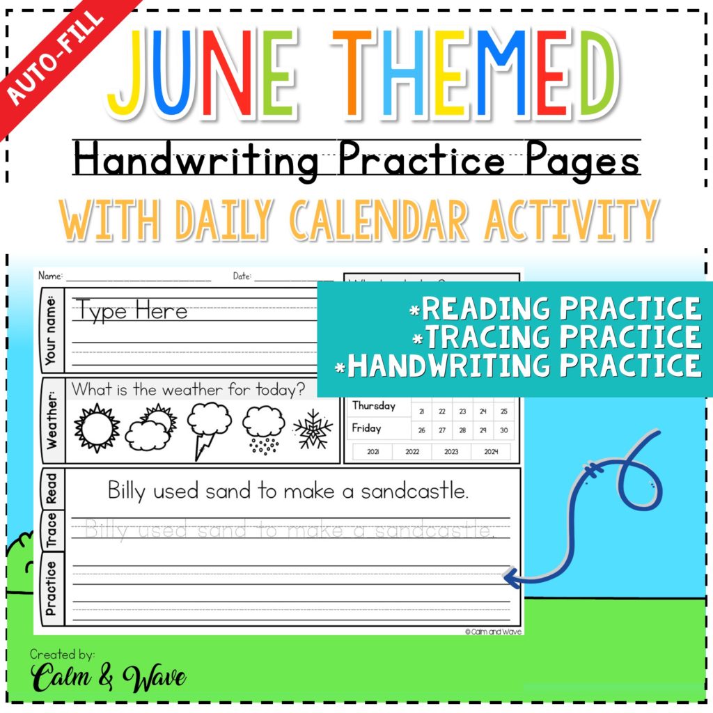 June Themed Handwriting Practice Worksheets with Daily Calendar Work ...