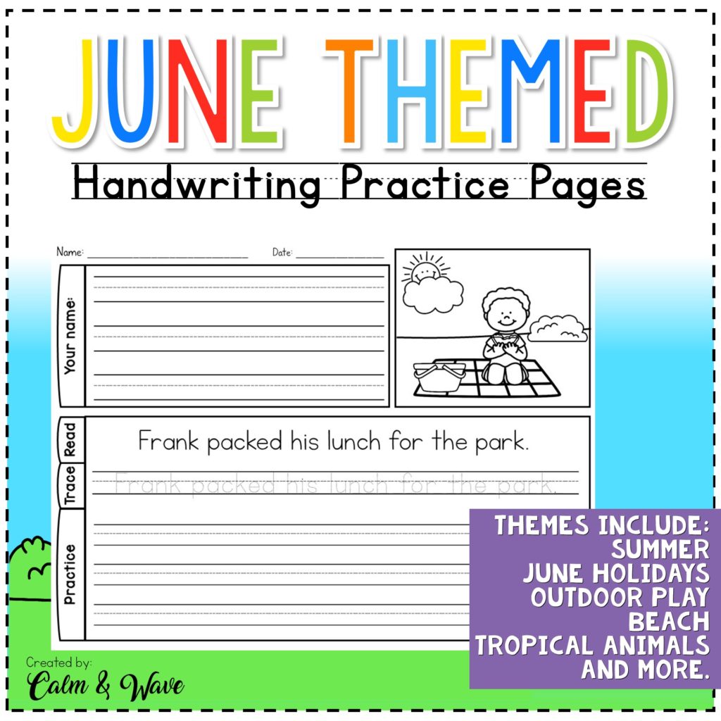 June Themed Handwriting Practice Worksheets - Calm & Wave