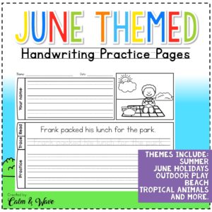 June Themed Handwriting Practice Worksheets - Calm & Wave