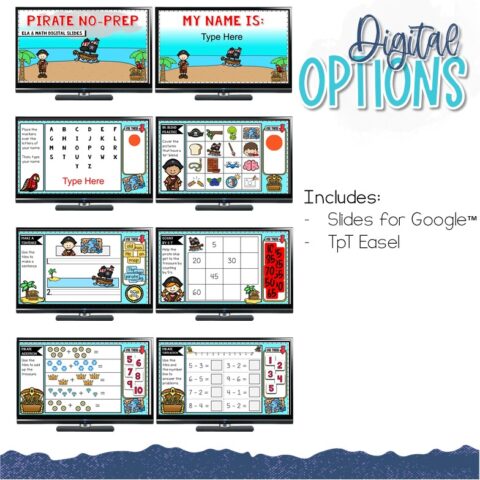 Pirate Themed Kindergarten No-Prep ELA and Math Worksheets and Digital ...